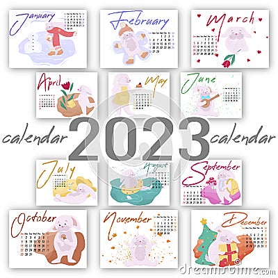 Horizontal Calendar With Illustrations Of Rabbits For Each Month Of The ...