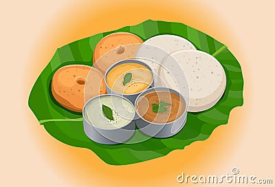 Idali And Sambar With Banana Leaf And Chatni. Vector Illustration ...