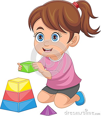 Cartoon Little Girl Playing With Building Blocks Vector Illustration ...