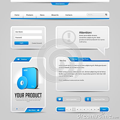 Web UI Controls Elements Gray And Blue On Dark Background: Navigation Bar, Buttons, Login Form ...