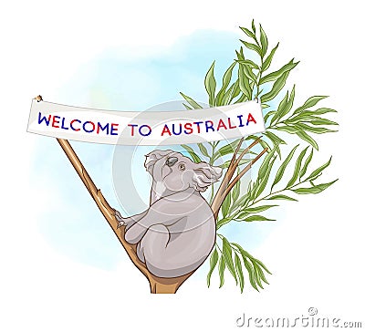 Welcome To Australia Poster Template With Koala And Eucalyptus. Vector ...