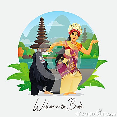 Welcome To Bali Greeting Card With Balinese Dancer Cartoon Vector ...