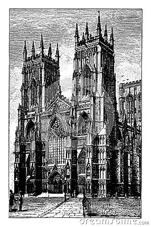 West Front Of York Minster Or Gothic Cathedral, Vintage Engraving ...