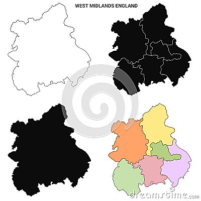 West Midlands England Administrative Map Set - Blank Outline Map Stock ...