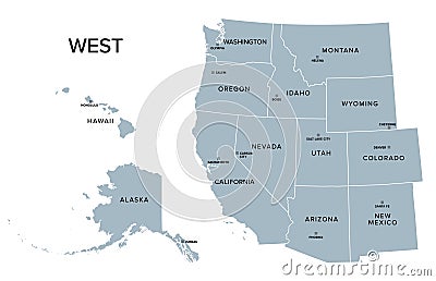 West, Census Region Of The United States, Gray Political Map Vector ...