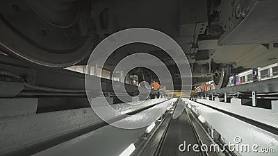 Wheels on Chassis of Train Wagons at Workshop in Factory Stock Footage ...