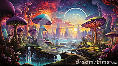 Whimsical Psychedelic Dreamscape Of Floating Islands, Luminescent ...