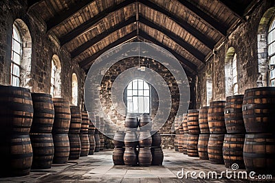 Whisky Casks Stacked In A Historic Stone Warehouse Stock Photo ...