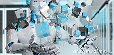 White Cyborg Using Blue Digital Cube Structure 3D Rendering Royalty ...