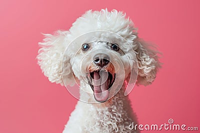 White Poodle With Mouth Open Panting And Smiling On Pink Background ...