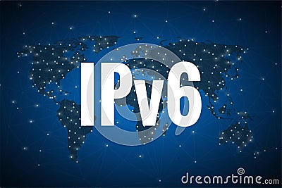 White Text IPv6 On World Map Blue Background. Cartoon Vector ...