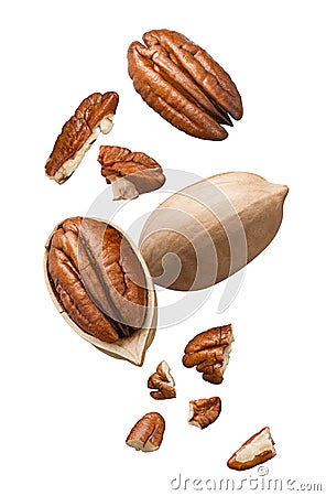 Whole, Shelled And Broken Pecan Nuts Flying Isolated On White ...