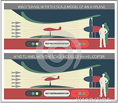 Wind Tunnels For Airplanes And Helicopters Vector Illustration ...