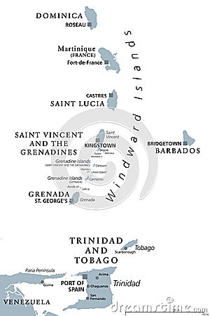 Windward Islands, Gray Political Map, Islands In The Caribbean Sea ...