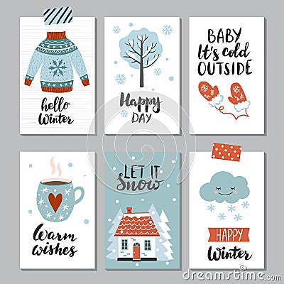 Winter Card Set. Hand Drawn Cute Posters With Calligraphy Quotes ...