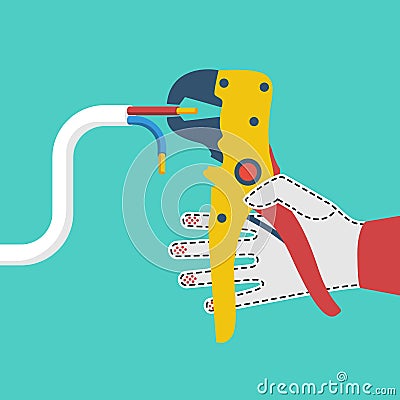 Wire Strippers. Electrician Holds A Tool In Hands. Stripping Wires From ...