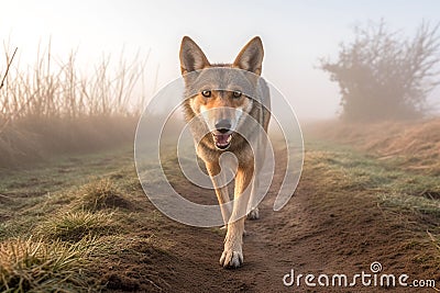 Wolf Walking Along A Misty Path Toward The Viewer. AI-generated. Stock ...
