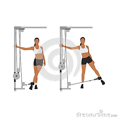 Woman Doing Cable Hip Abduction. Adduction Exercise. Vector ...