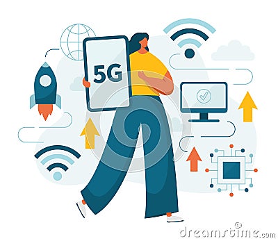Woman And 5g Network Fifth Generation Telecom Cartoon Vector ...
