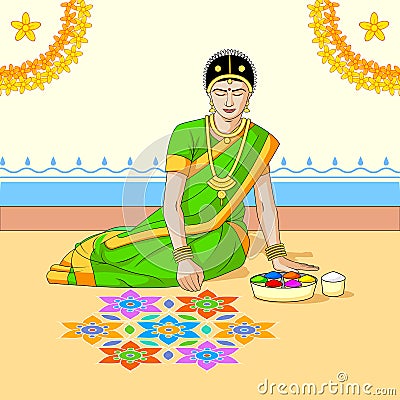 Woman Making Rangoli For Indian Festival Cartoon Vector | CartoonDealer ...