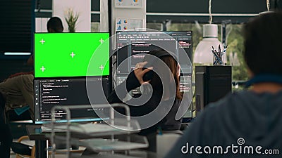 Woman Programer Looking at Greenscreen and Code on Terminal Window Stock Video - Video of code ...