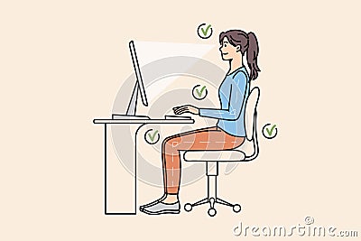 Woman Work On Computer At Table In Correct Position Cartoon Vector ...