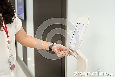 Women Holding Key Card Access Control To Unlock Elevator Floor And ...