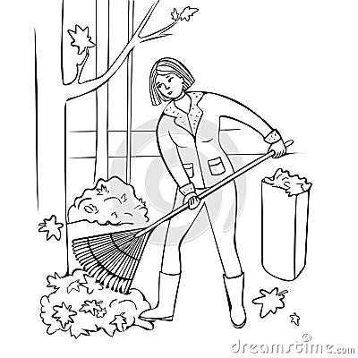 Women Raking Leaves In A Park. Coloring Page Cartoon Vector ...