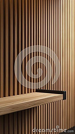 Wooden Slat Wall With Floating Shelf, Modern Interior Design Concept ...