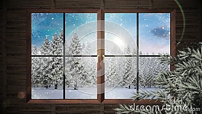 Wooden Window Frame and Tree Branch Against Snow Falling Over Multiple ...