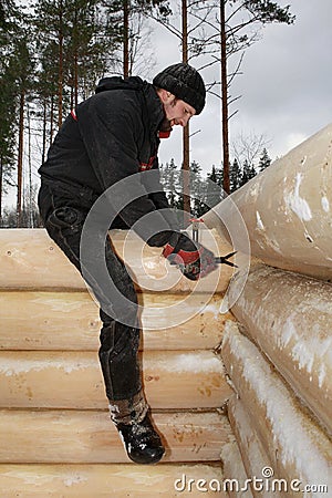 Woodworker Makes Marks On A Log Surface Using Scriber Tool Editorial ...