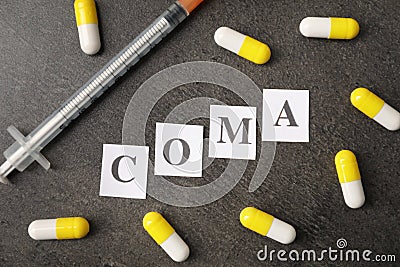 Word Coma Of Letters With Syringe And Pills On Grey Table, Flat Lay ...