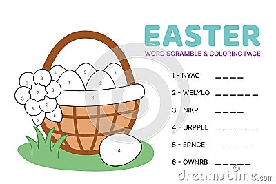 Word Scramble And Cloring Page With Easter Basket Of Eggs. Cartoon ...