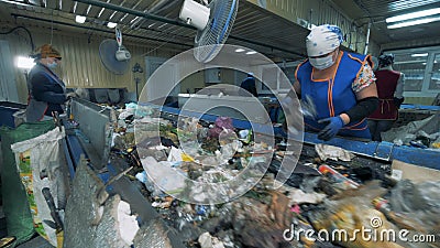 Workers Pick Garbage from Conveyor, Close Up. Stock Video - Video of ...