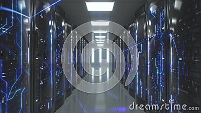 Working Data Center Full of Rack Servers with Futuristic Network ...