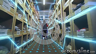 Working on a Large Modern Warehouse Video Wall. Woman Walking through ...