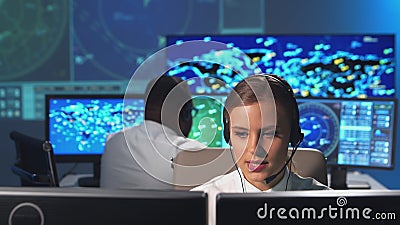 Workplace of the Air Traffic Controllers in the Control Tower. Diverse ...