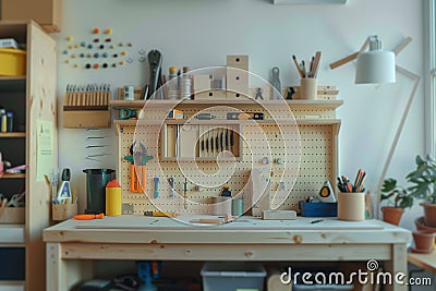 Workshop Table With Creation Of Carpenter Work Equipment With Tools And ...