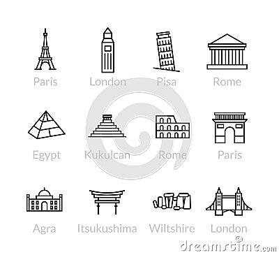 World Landmarks Outline Icons Set Stock Vector - Image: 60683954