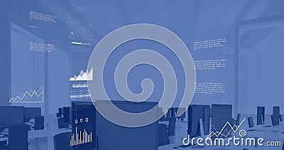 World Map, Charts and Graphs Processing Data Over Computers on Desks in Empty Office Stock ...