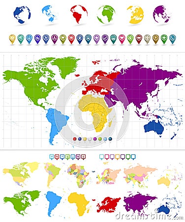 Colorful World Map with Continents and Globes Stock Vector ...