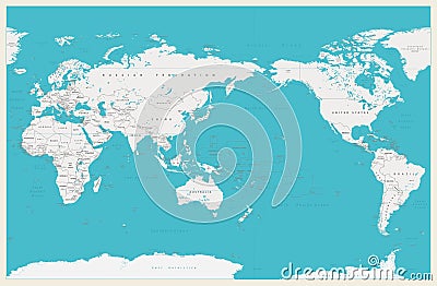 World Map Pacific Centered. Old Colors, Borders, Countries And Cities ...