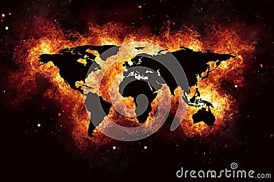 World Map Realistic Burning Fire Flames On Black Royalty-Free Stock ...
