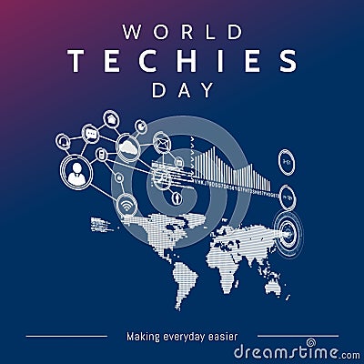 World Techies Day Text In White With Network Of Media Icons, World Map ...