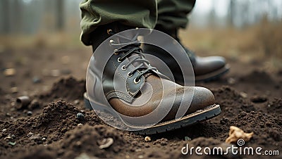 Worn Soldiers Boot In Dirt With Scuff Marks And Mud Symbolizing Loss ...