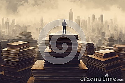 A Writer Standing On A Giant Stack Of Books, With A City Skyline ...