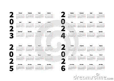 2023, 2024, 2025, 2026 Years Simple Horizontal Calendars Set In Russian ...