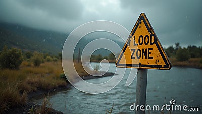 Yellow FLOOD ZONE Warning Sign By River Under Dark Clouds Stock Photo ...
