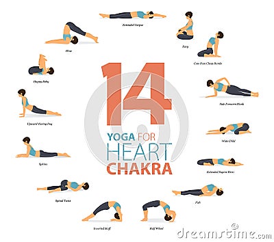 14 Yoga Poses Or Asana Posture For Workout In Heart Chakra Concept ...