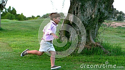 Young Boy Running Around a Big Tree with Sister Stock Video - Video of ...